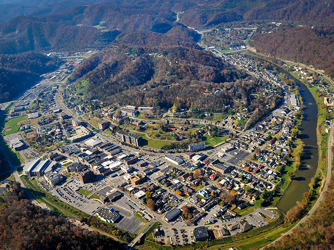 From above, Pikeville reveals its remarkable setting &ndash; a town literally carved into mountain wilderness, embraced by the curving Levisa Fork River.