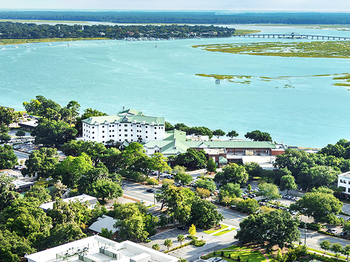 From above, Beaufort reveals its perfect positioning&mdash;nestled between lush greenery and the shimmering waters that define Lowcountry cuisine.