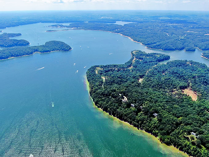 From above, Lake Monroe reveals its true personality—a blue jewel set in Indiana's emerald forest crown.