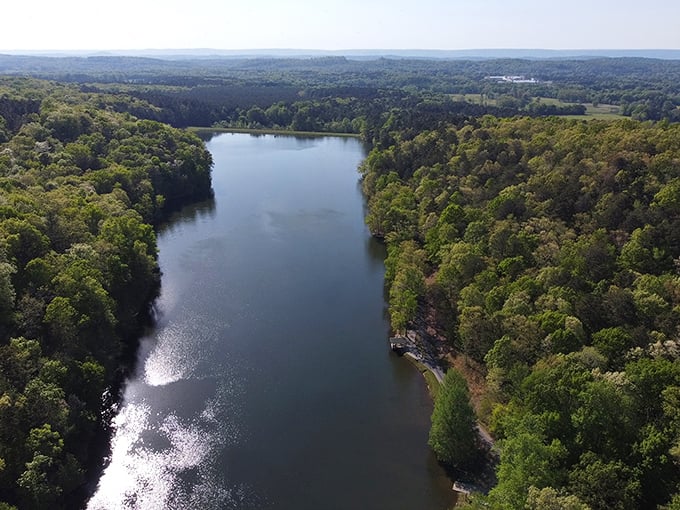Bird's eye perfection reveals what makes Sloppy Floyd special &ndash; a sapphire lake cradled by emerald forests, just waiting to be explored.