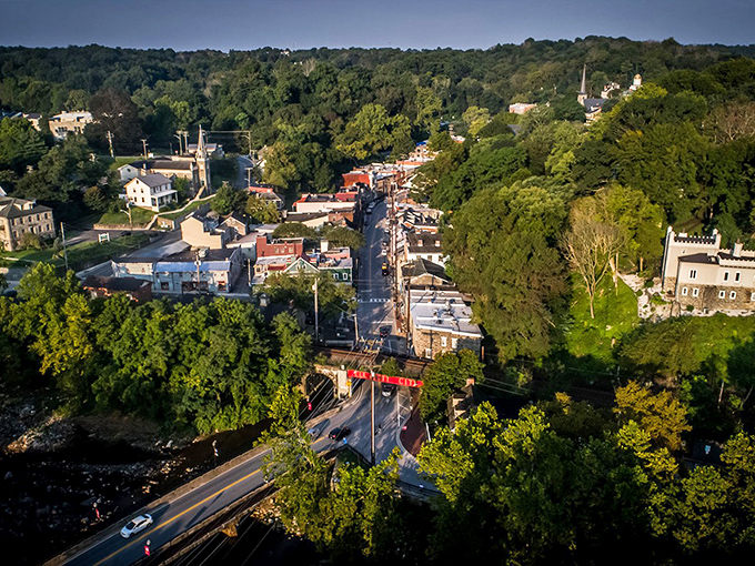 From above, Ellicott City reveals its true character: a perfect ribbon of civilization nestled lovingly between two green embraces of Maryland wilderness.