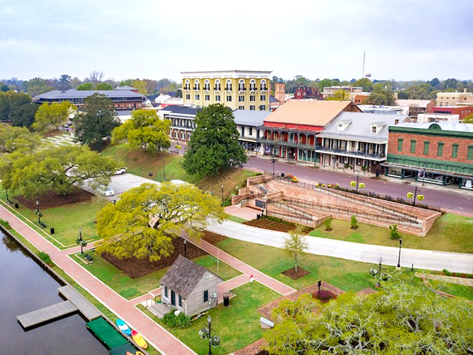 From above, Natchitoches reveals its perfect proportions—a riverside jewel where historic buildings, green spaces, and water create a retirement paradise that won't drain your savings.
