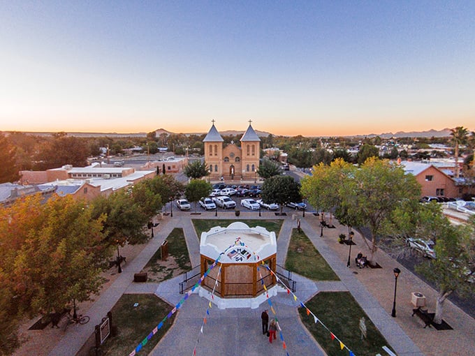 From above, Mesilla's plaza reveals itself as a perfectly planned oasis, with the San Albino Basilica standing guard over centuries of Southwestern stories.
