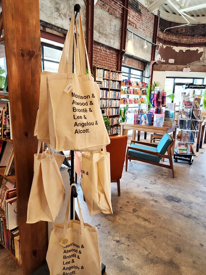 Canvas tote bags celebrating female literary giants offer a way to carry your treasures home while signaling to others that you're in the know.