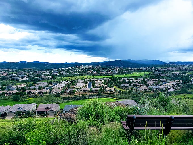 From this hillside bench, Prescott's neighborhoods spread out like a patchwork quilt, with mountains standing guard in the distance.