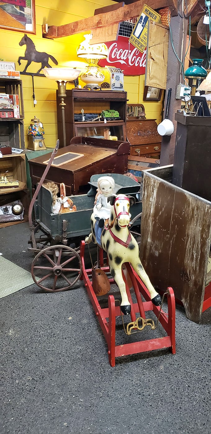 Handwoven baskets and vintage oil lamps create a display that's part country store, part time machine, and entirely irresistible.