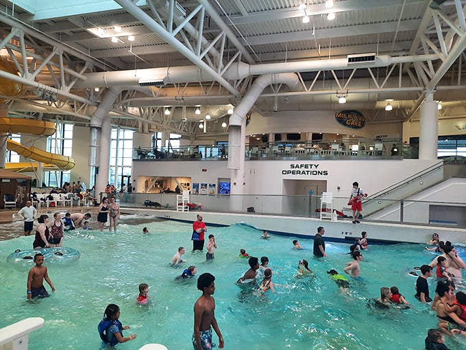 Bird's eye view of organized chaos. From up here, it looks like humanity's happiest ant farm—everyone scurrying about in pursuit of the next splash.