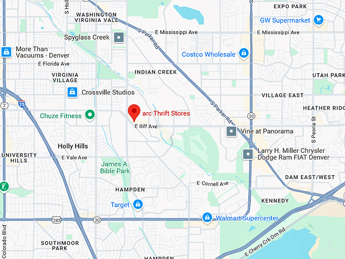 16. arc thrift stores (central park shopping cntr, 7485 e iliff ave) map