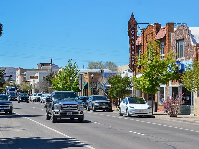 Alpine's historic Granada Theater stands like a sentinel on the main drag, where Western grit meets artistic flair under that brilliant blue Texas sky.