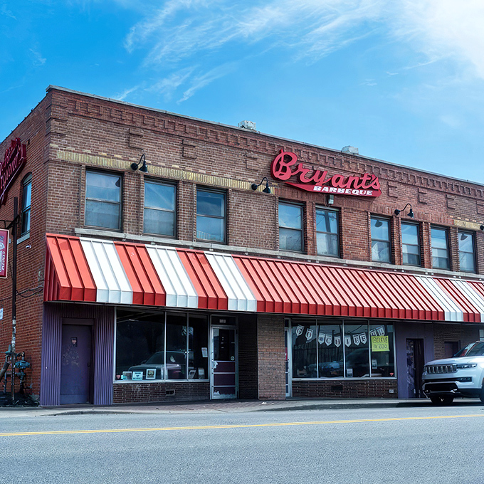 The red and white awning of Arthur Bryant's promises BBQ paradise. Like finding the Holy Grail of smoky ribs in brick form.