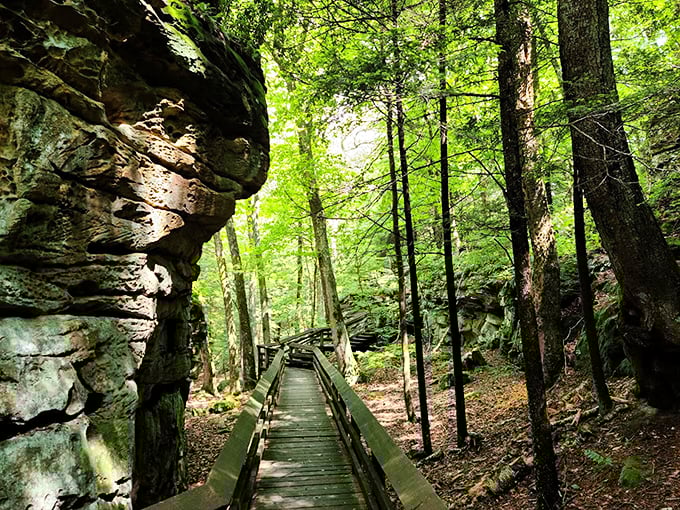 Nature's own secret passageway! Beartown's wooden boardwalk winds through ancient rock formations like a scene from a fantasy novel.