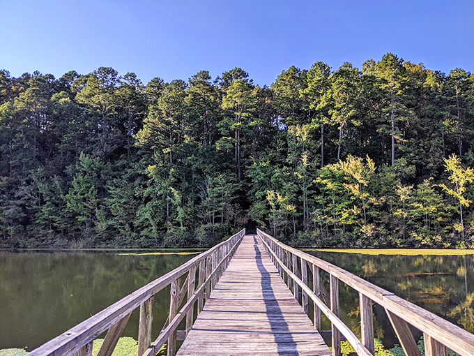 The wooden bridge at Big Hill Pond stretches before you like nature's red carpet, inviting exploration of the forest beyond.
