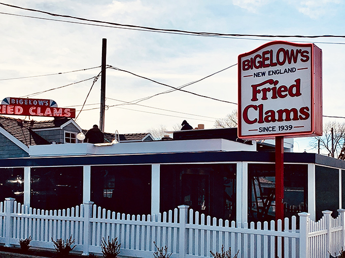 Bigelow's iconic red sign promises fried clam nirvana &ndash; like a lighthouse guiding hungry sailors to crispy, golden treasure.
