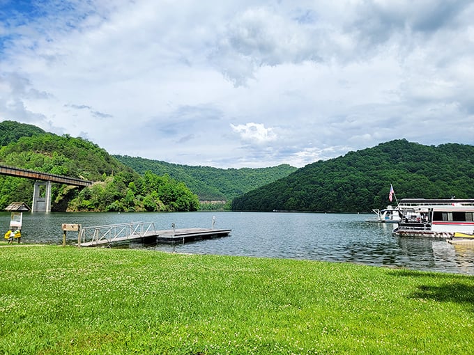 Marina magic! Houseboats line up like ducks in a row at Carr Creek, where Kentucky hills create the perfect backdrop for lake living.