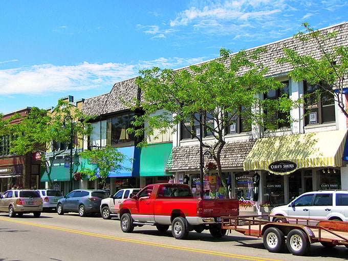 Downtown Charlevoix's charming storefronts look like they were designed for a Hallmark movie set.