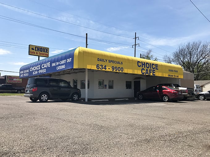 The bright blue and yellow awning of Choice Cafe promises "HOME COOKING" &ndash; a siren call to comfort food lovers everywhere.