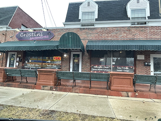 Crostini's blue and white storefront stands like a sandwich sentinel on the street. Simple outside, sandwich magic inside.