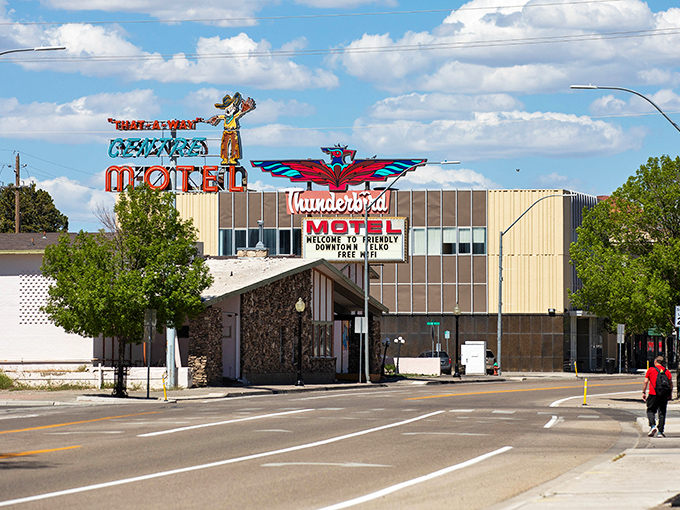 The Thunderbird Motel sign stands like a neon sentinel, guarding Elko's unique blend of Western authenticity and surprising affordability.