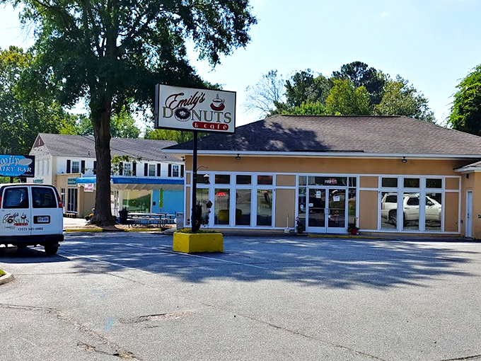 Emily's Donuts & Cafe exterior beckons like a siren song to morning commuters &ndash; unassuming strip mall, extraordinary donuts.