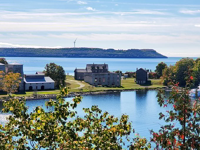 Historic buildings with a water view? Fayette's limestone bluffs and crystal blue waters create Michigan's most photogenic ghost town.