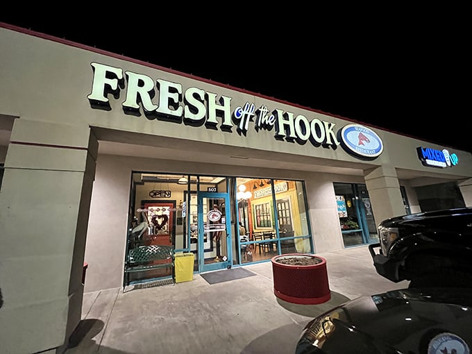 The neon glow of Fresh Off The Hook beckons like a lighthouse for the seafood-starved. Idaho's coastal embassy awaits!