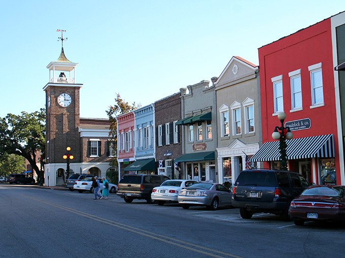 Georgetown's iconic clock tower stands sentinel over a downtown that looks like time decided to take a permanent vacation in the 1950s.
