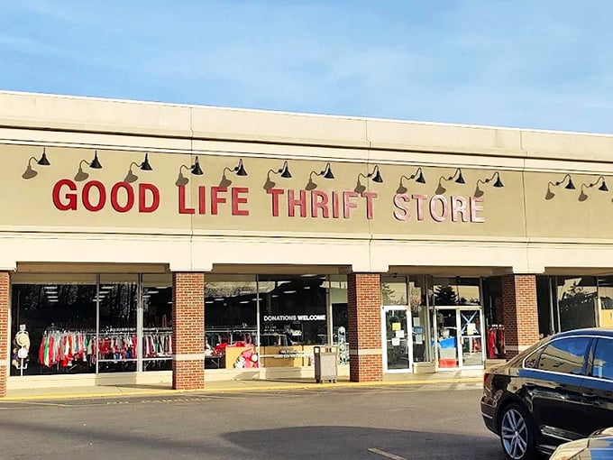 Good Life Thrift Store's welcoming storefront promises treasure hunting without the chaos&mdash;like a well-organized garage sale thrown by your stylish neighbor.