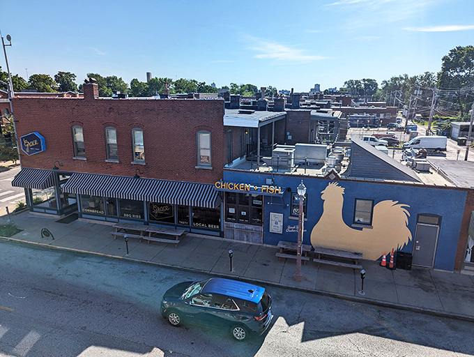 The blue exterior of Grace Meat + Three with its golden rooster mural practically clucks "come taste me!" to chicken lovers passing by.
