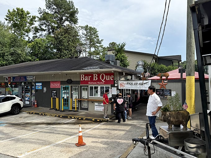 The outdoor seating at Wood's Chapel BBQ - where string lights and picnic tables create the perfect backdrop for sauce-stained fingers.