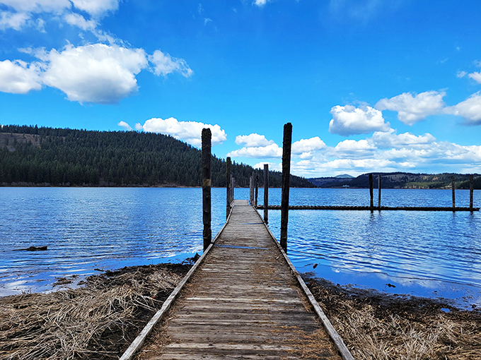 A wooden dock stretches into the crystal-clear waters of Heyburn State Park, inviting you to step into nature's perfect postcard.