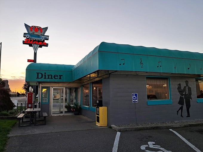 The turquoise dream that is Hi-Way 101 Diner glows like a neon-lit time machine to simpler breakfast days.