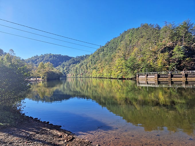 Mirror, mirror on the river &ndash; the Hiwassee's glass-like surface reflects mountains with the precision of a nature photographer's dream.