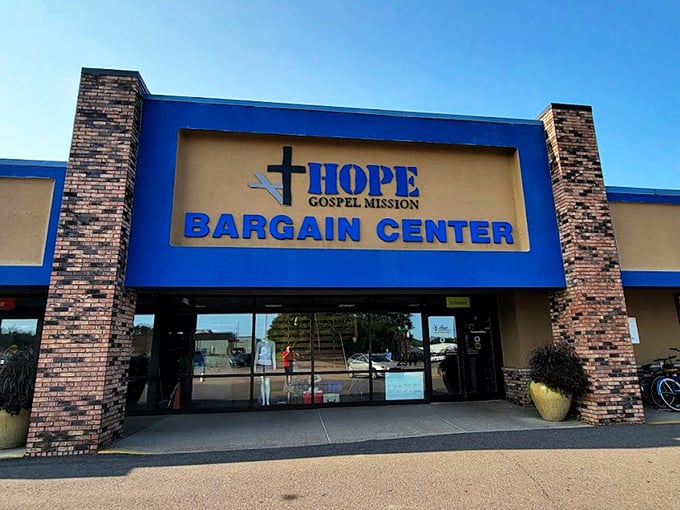 Hope Bargain Center's bright blue exterior promises treasure hunting adventures inside. Bargain paradise awaits!