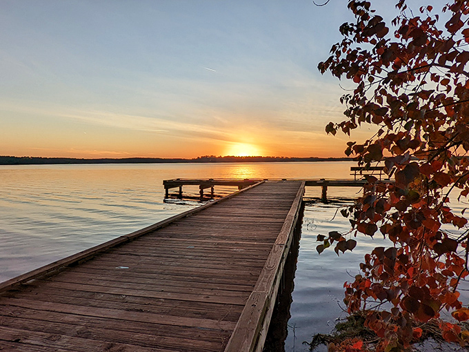 Sunset magic at Jimmie Davis State Park. This wooden pier stretches into paradise, promising fishing tales and memory-making moments.