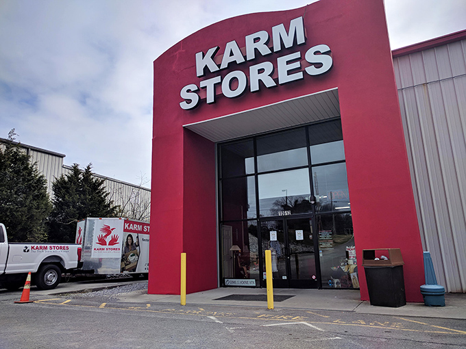 KARM Stores: That bold red entrance isn't just eye-catching&mdash;it's like a siren call to bargain hunters everywhere!
