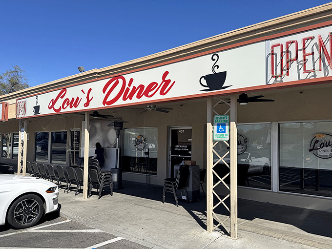 Lou's Diner (Exterior): That classic red sign promises pancake paradise ahead &ndash; Lou's Diner delivers nostalgia with a side of crispy bacon.