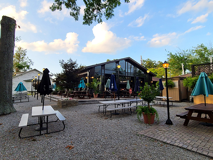 Mike Linnig's outdoor dining area is the ultimate summer gathering spot - picnic tables, umbrellas, and seafood that'll make you forget you're in Kentucky!