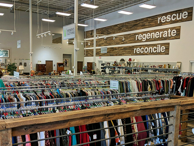 Inside No Longer Bound, where clothing racks stretch to infinity and your wallet breathes a sigh of relief.