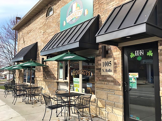 O'Doggy's brick facade promises hot dog nirvana with its inviting outdoor seating&mdash;a culinary oasis in downtown Rolla.
