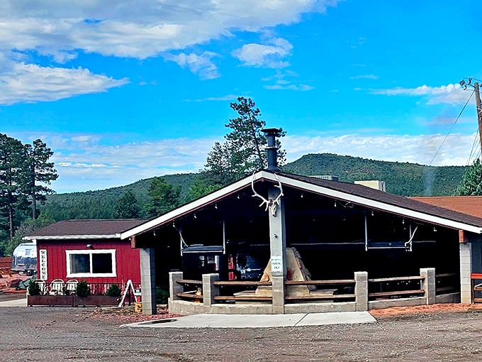 The rustic mountain charm of Old County Inn with its open-air pavilion feels like a pizza hideaway worth the drive.
