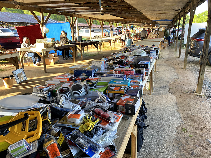 Tables stretching to the horizon at Pickens County Flea Market, where treasure hunters navigate a sea of gadgets, tools, and mysterious contraptions.