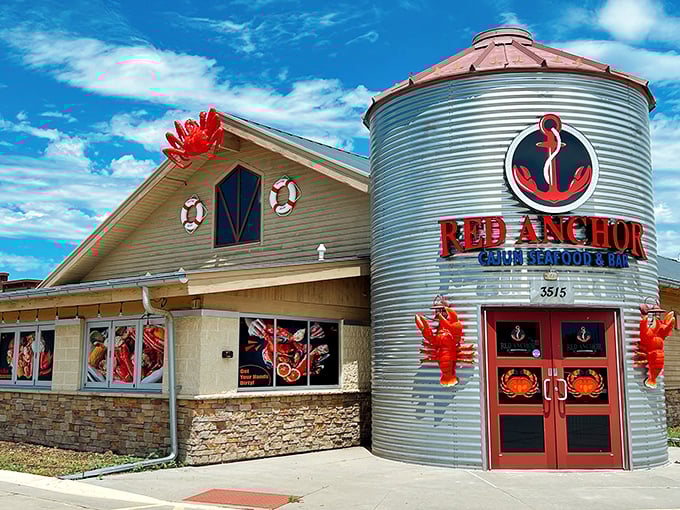 Red Anchor's grain silo entrance isn't just eye-catching&mdash;it's the seafood equivalent of the Bat-Signal for crab lovers across Iowa.