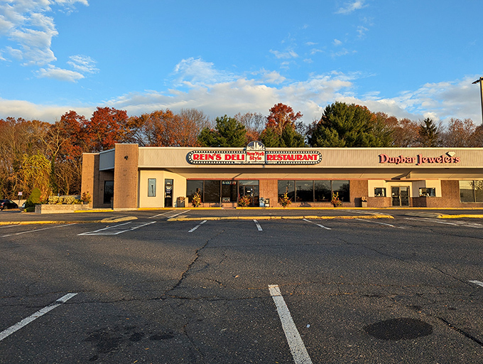 Rein's Deli exterior beckons like a neon-lit promised land in strip mall paradise. The New York-style deli Connecticut didn't know it needed.