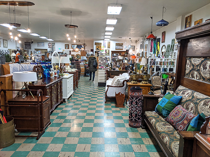 Inside Rerun: Vintage wonderland with checkerboard floors! Like stepping into a time machine where every corner holds retro treasures waiting to be discovered.