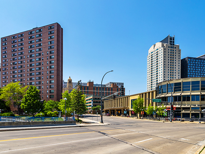 Downtown Rochester's skyline offers big-city vibes with small-town prices. Those apartment buildings won't empty your retirement account!