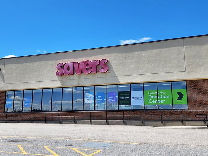 Savers' bright red sign beckons like a lighthouse to bargain hunters navigating the sea of retail options.