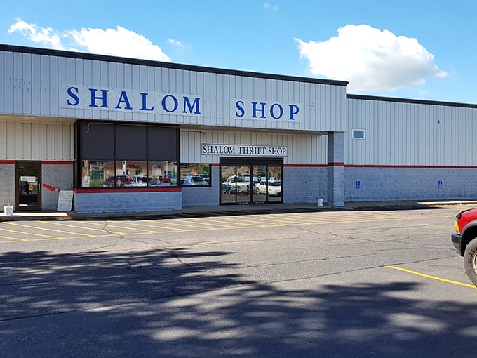 Shalom Shop's bright blue sign promises treasure hunting on a grand scale. Like a Midwestern El Dorado for bargain seekers!