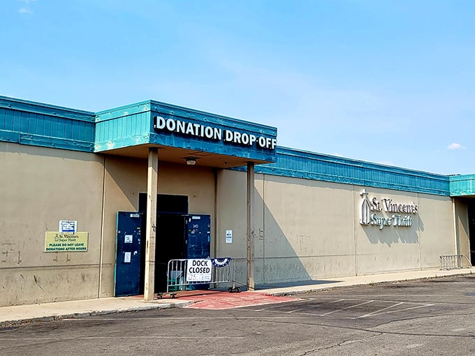 The turquoise trim on St. Vincent's Super Thrift beckons like Vegas neon for the bargain hunter. Treasure awaits beyond those donation doors!
