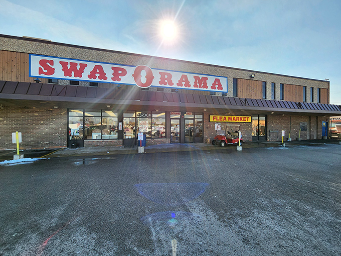 The iconic red Swap-O-Rama sign beckons like a beacon of bargain-hunting paradise. Treasure hunters, your mothership has landed!
