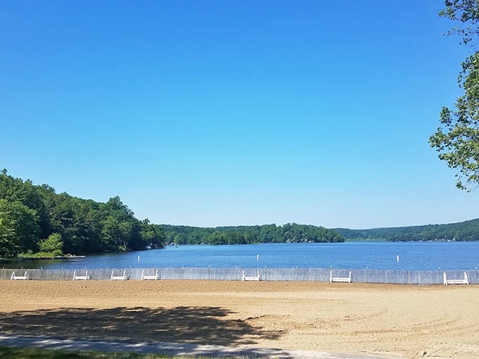 Swartswood State Park: Where summer dreams come true with crystal clear waters and a sandy beach that beckons bare feet and beach towels.